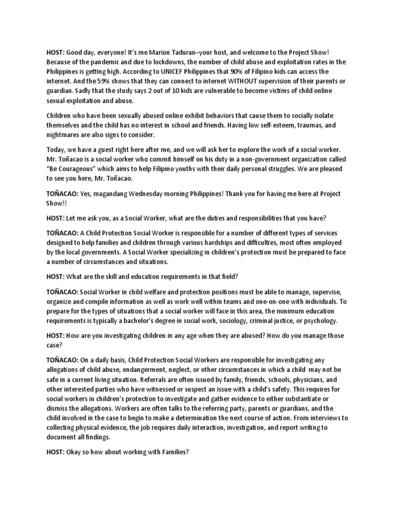 Sample Script in DIASS Social Work | PDF | Child Neglect | Child Protection