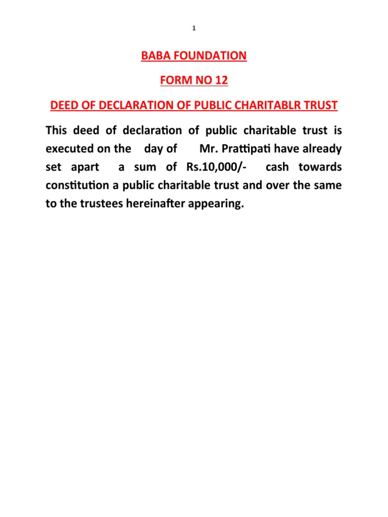Baba Foundation Form No 12 Deed of Declaration of Public Charitablr ...