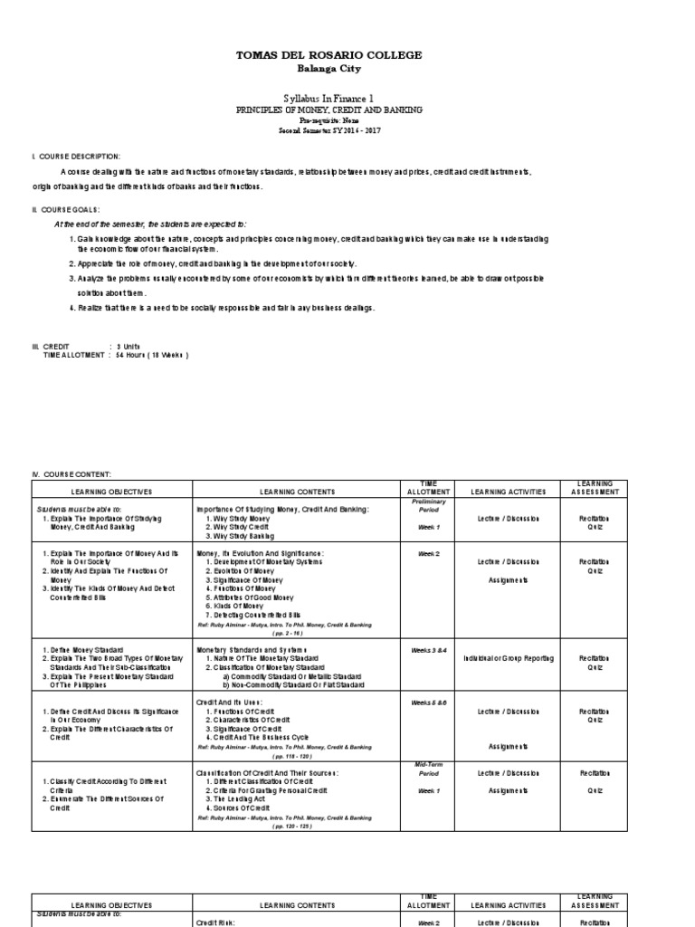Tomas Del Rosario College: Syllabus in Finance 1 | PDF | Money | Cheque