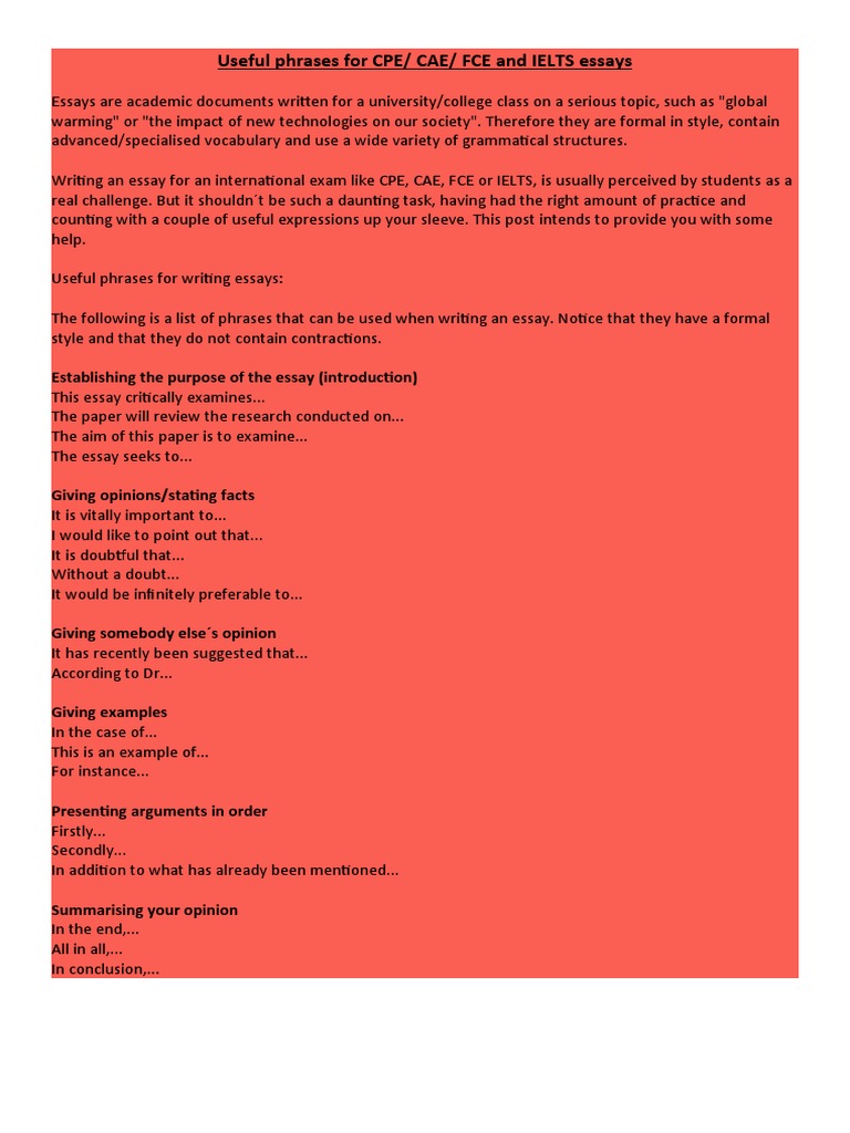 Useful Phrases For CPE/ CAE/ FCE and IELTS Essays: Establishing The ...