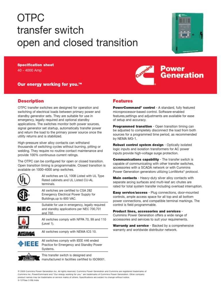 Otpc Transfer Switch Open and Closed Transition: Description | PDF ...