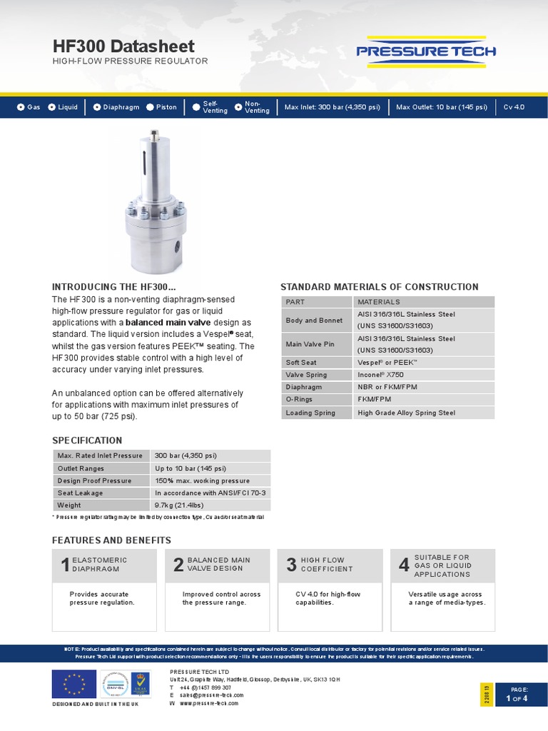 HF300 Datasheet: High-Flow Pressure Regulator | PDF | Valve | Gas ...