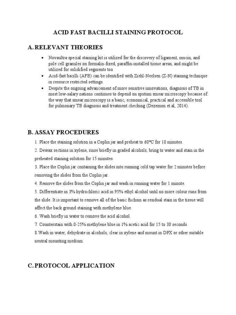 Acid Fast Bacilli Staining Protocol | PDF | Staining | Medical Specialties