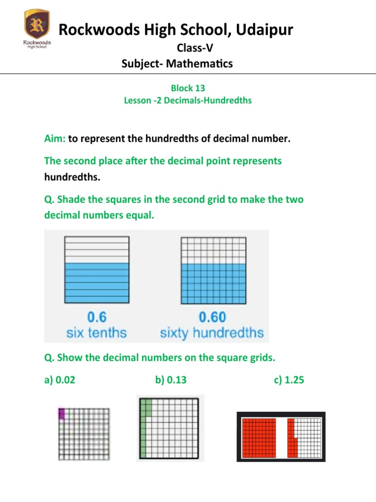 Block 13 Lesson 2 Decimal - Hundredths | PDF | Art