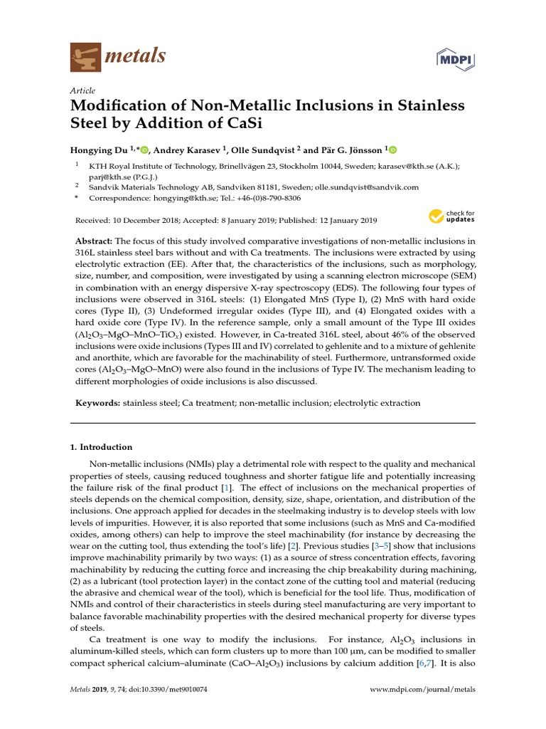 Metals: Modification of Non-Metallic Inclusions in Stainless Steel by ...