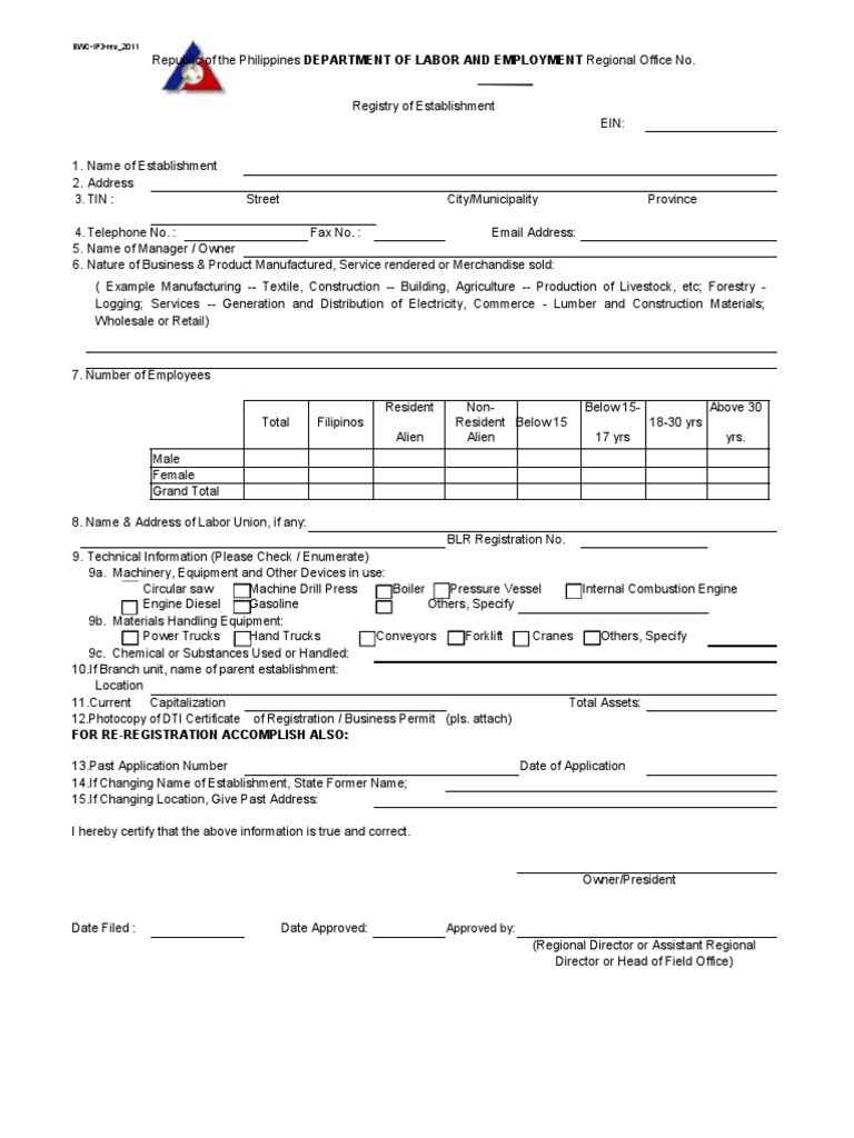 Establishment Registration Form 1020 | PDF | Engines | Economic Sectors