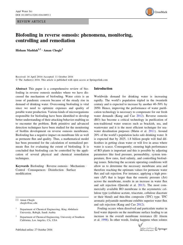 Biofouling in Reverse Osmosis: Phenomena, Monitoring, Controlling and Remediation | PDF ...
