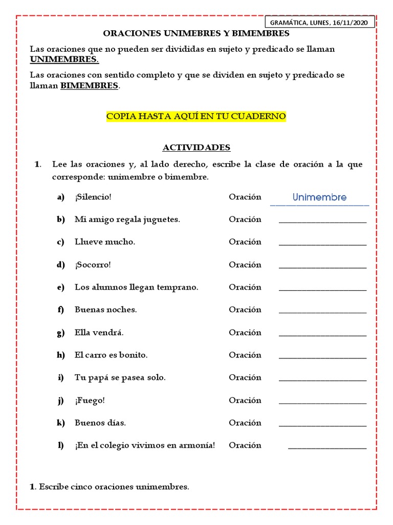 Oraciones Unimembres y Bimembres. | PDF | Oración (Lingüística ...