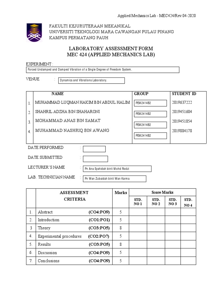 Laboratory Assessment Form Mec 424 (Applied Mechanics Lab) : Name Group ...