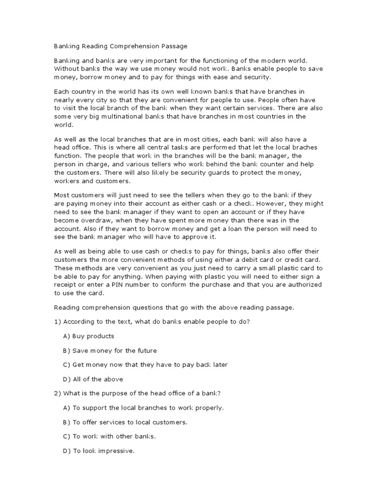 Banking Reading Comprehension Passage | PDF | Banks | Money