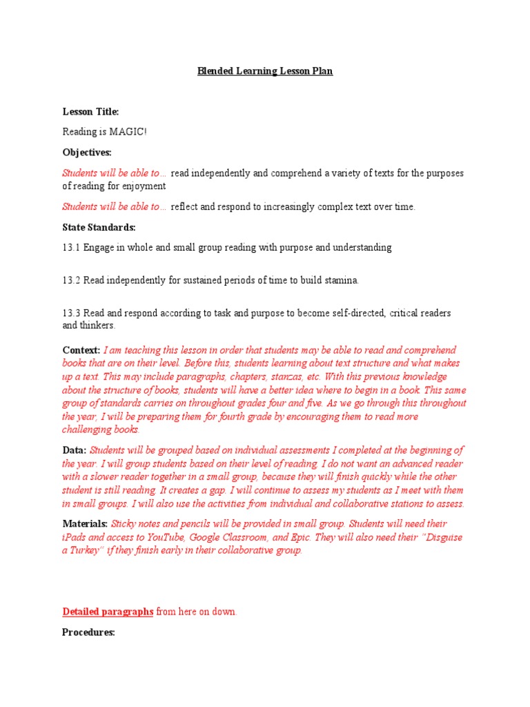 Blended Learning Lesson Plan: Detailed Paragraphs From Here On Down ...