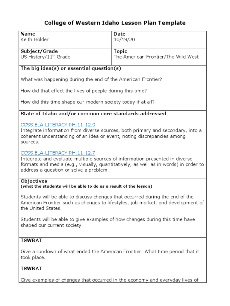 College of Western Idaho Lesson Plan Template: Name Date | PDF