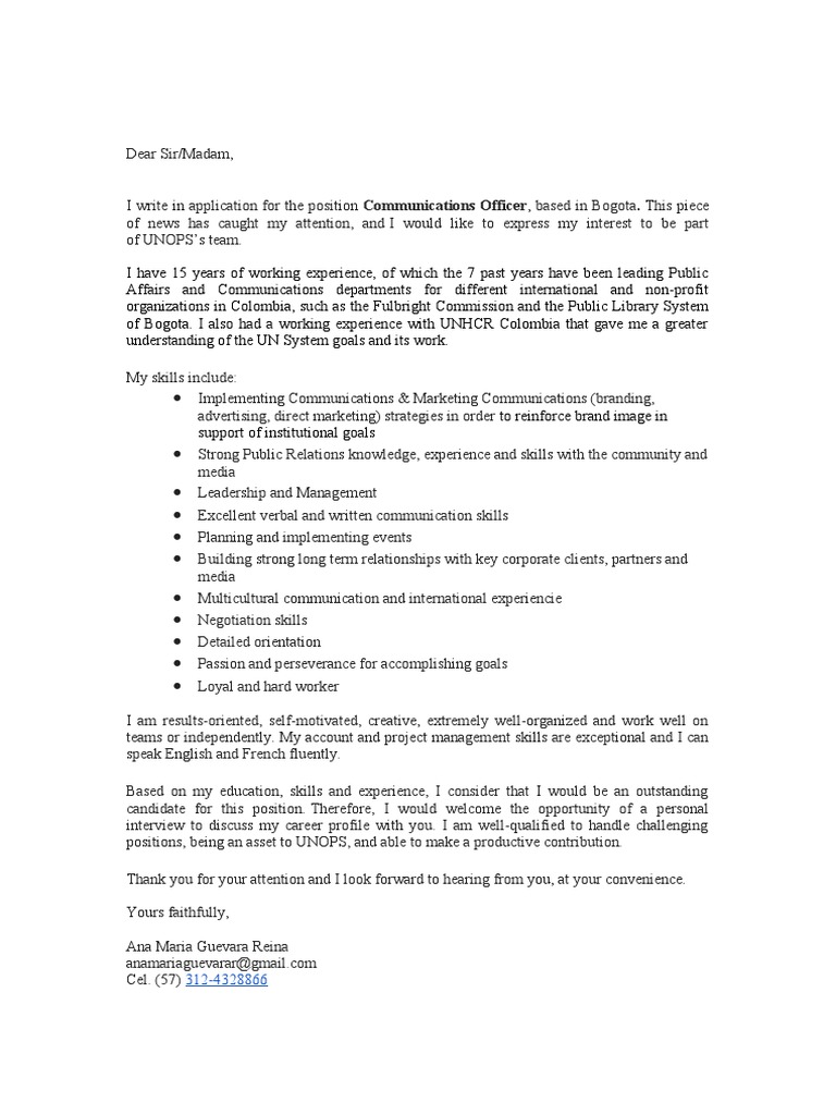 UNOPS Cover Letter - Ana Guevara | PDF