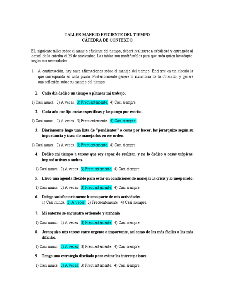 Taller Manejo Del Tiempo | PDF | Planificación | Conceptos psicologicos