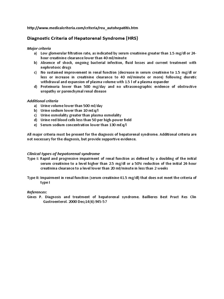 Diagnostic Criteria of Hepatorenal Syndrome | PDF