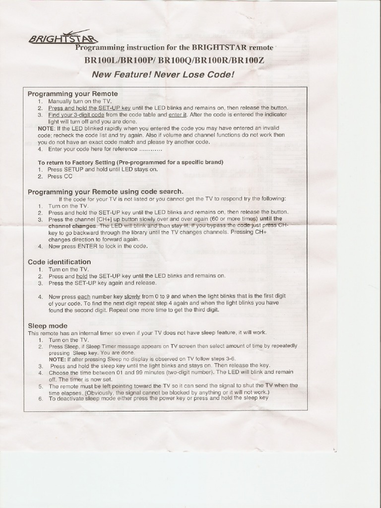 Brightstar Remote br100p PDF | PDF