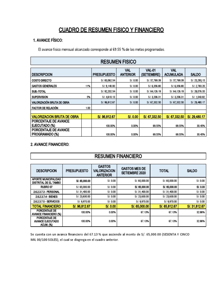 Cuadro de Resumen Fisico y Financiero | PDF | Economias | Business