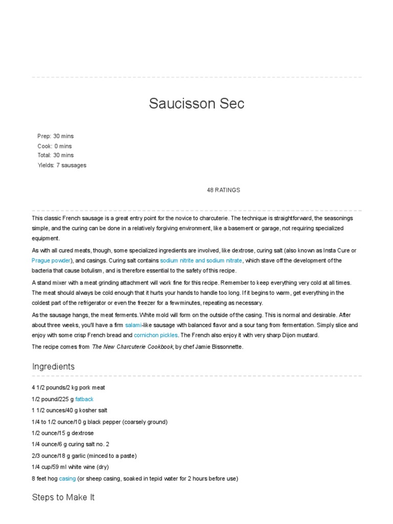 Saucisson Sec Recipe Guide | PDF | Curing (Food Preservation) | Sausage