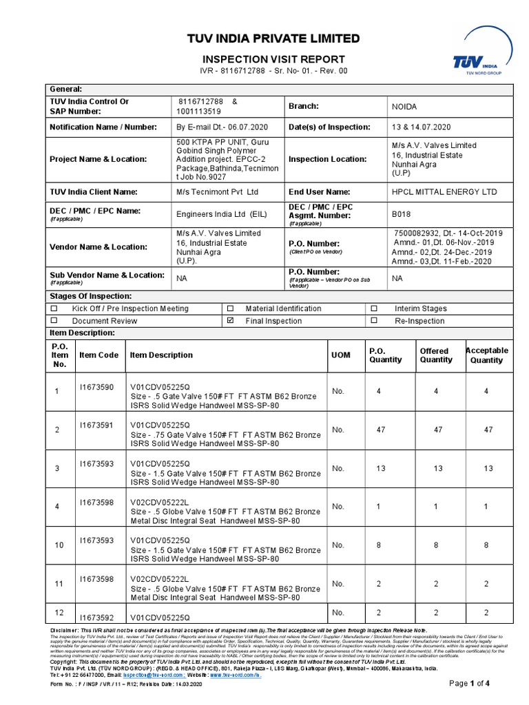 Tuv India Private Limited: Inspection Visit Report | PDF | Leak ...