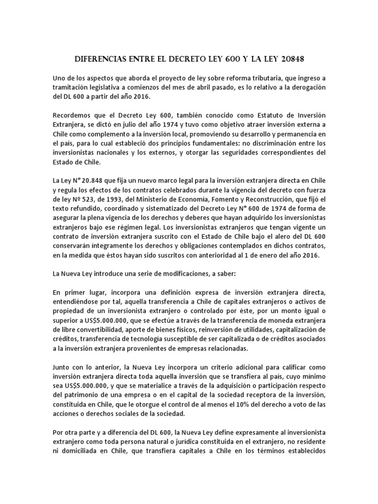Diferencias Entre El Decreto Ley 600 y La Ley 20848 | PDF | Chile ...