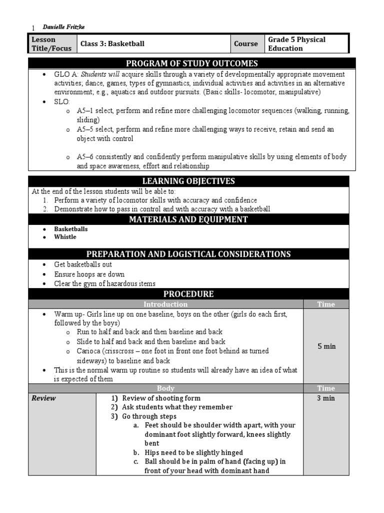 Program of Study Outcomes: Lesson Title/Focus Class 3: Basketball ...
