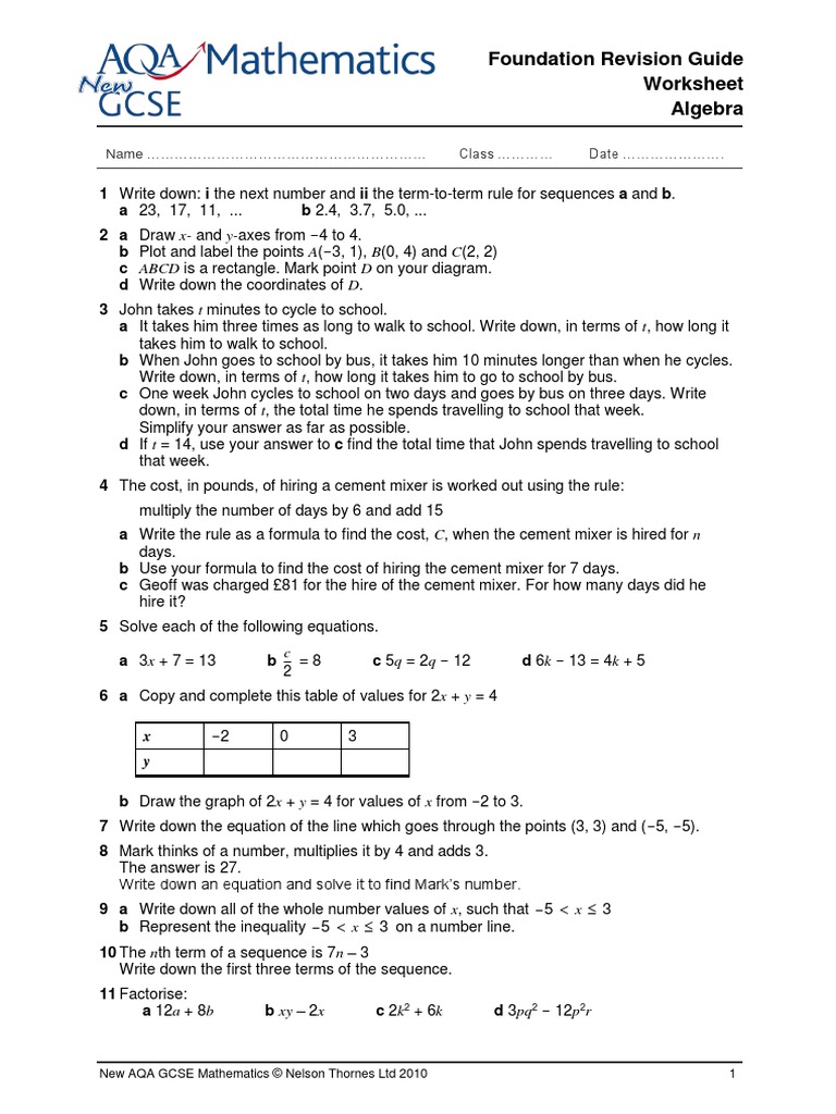 Revision Guide Foundation Algebra Worksheet | PDF | Cartesian ...