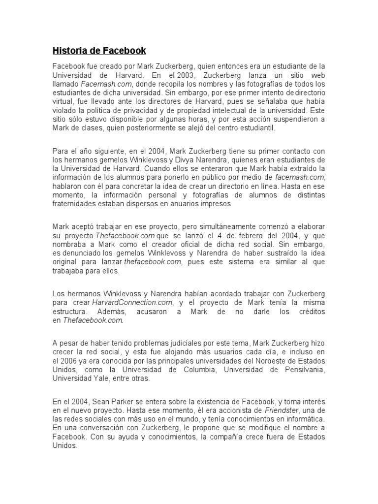 Historia de Facebook | PDF | Mark Zuckerberg | Facebook
