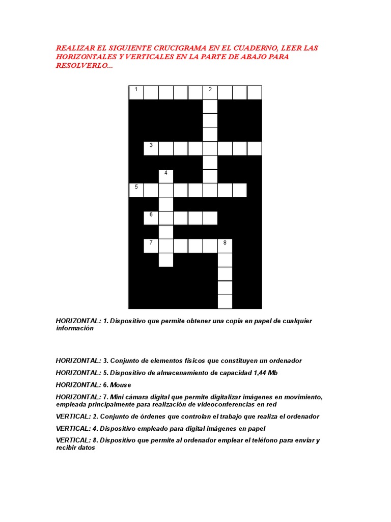 Realizar El Siguiente Crucigrama en El Cuaderno, Leer Las Horizontales ...