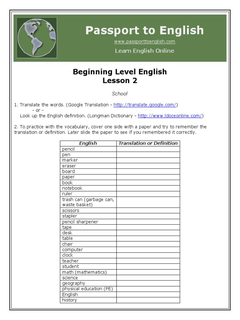 Passport To English: Beginning Level English Lesson 2 | PDF