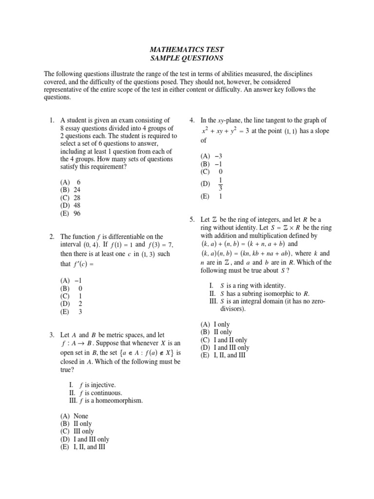 Sample Mathematics Test: An Analysis of Question Types, Difficulty ...