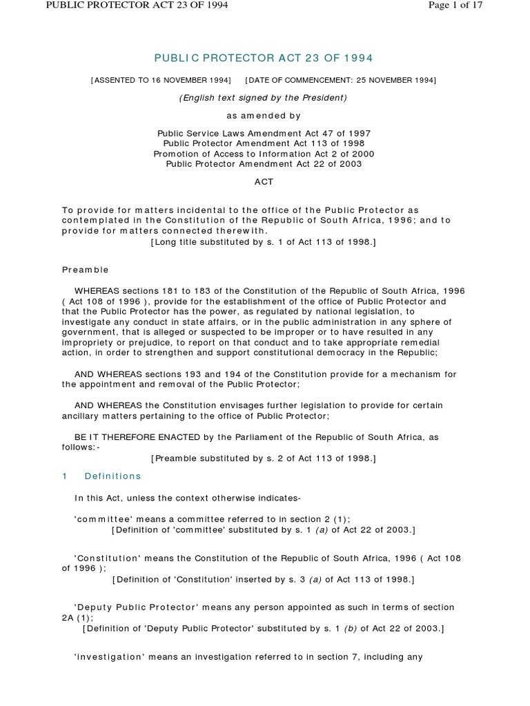 Public Protector Act 23 of 1994: As Amended by | Download Free PDF ...
