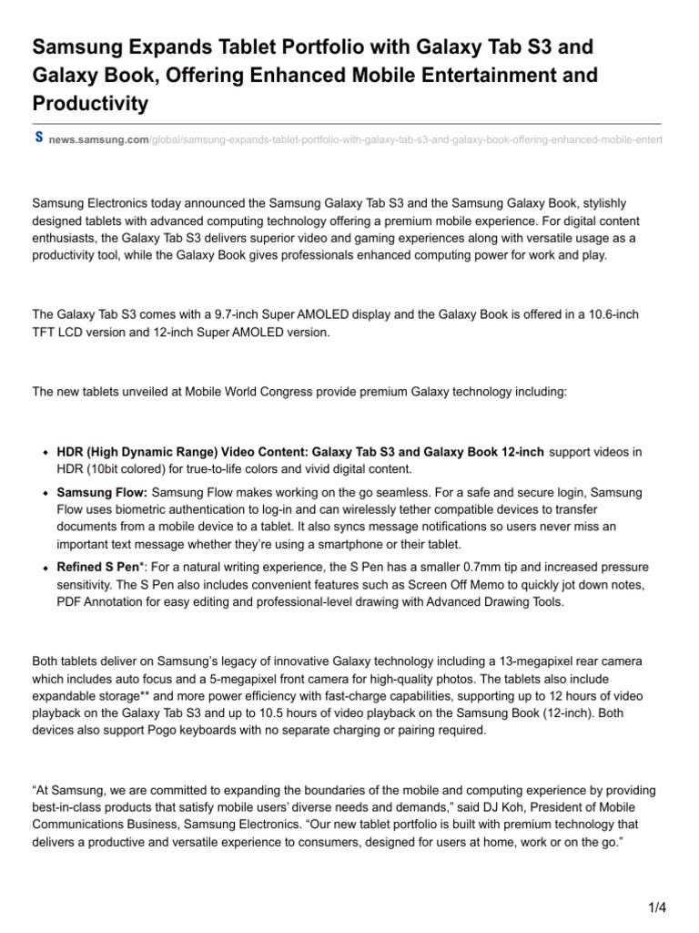 Samsung Expands Tablet Portfolio With Galaxy Tab S3 and Galaxy Book ...