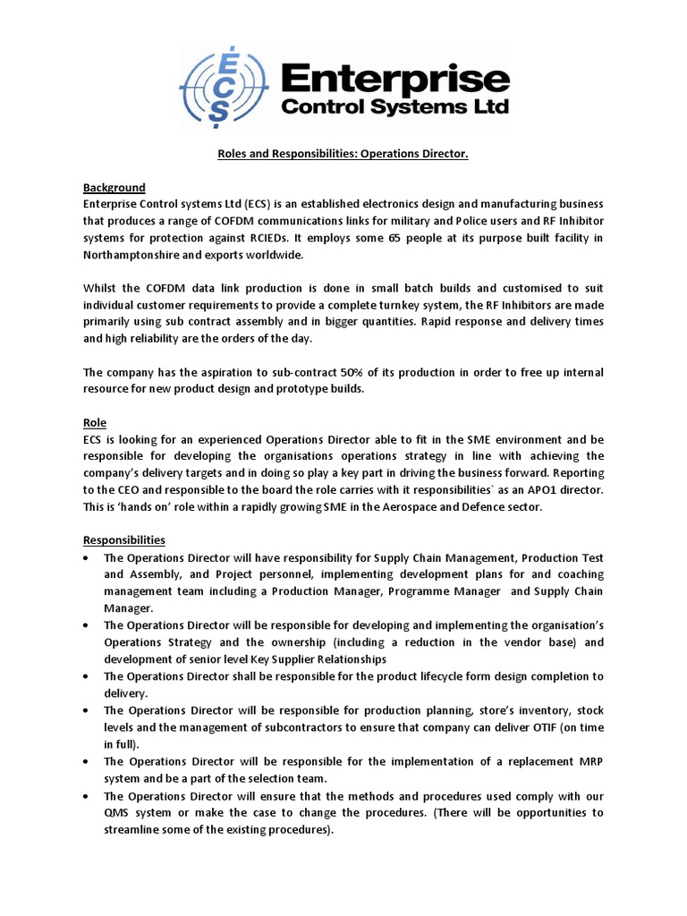 Roles and Responsibilities: Operations Director. Background | PDF ...