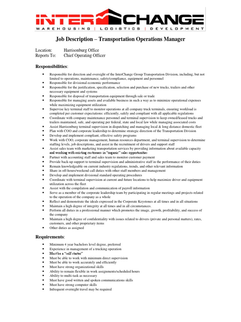Job Description - Transportation Operations Manager: Responsibilities ...