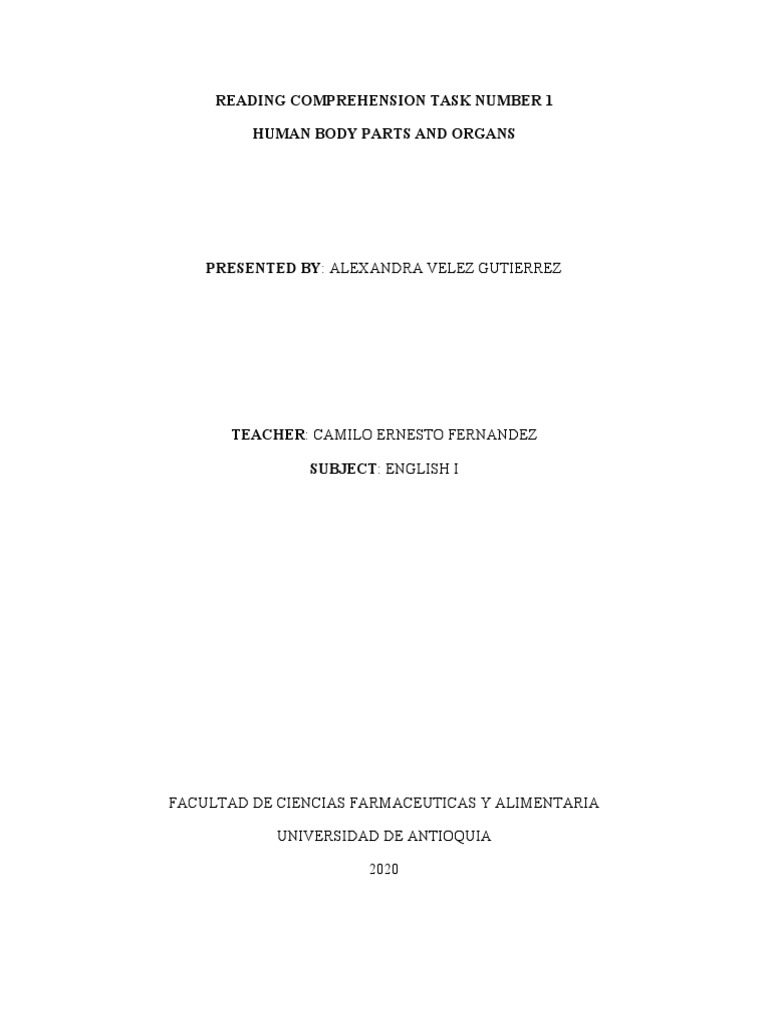 Reading Comprehension Task Number 1 Human Body Parts and Organs | PDF ...