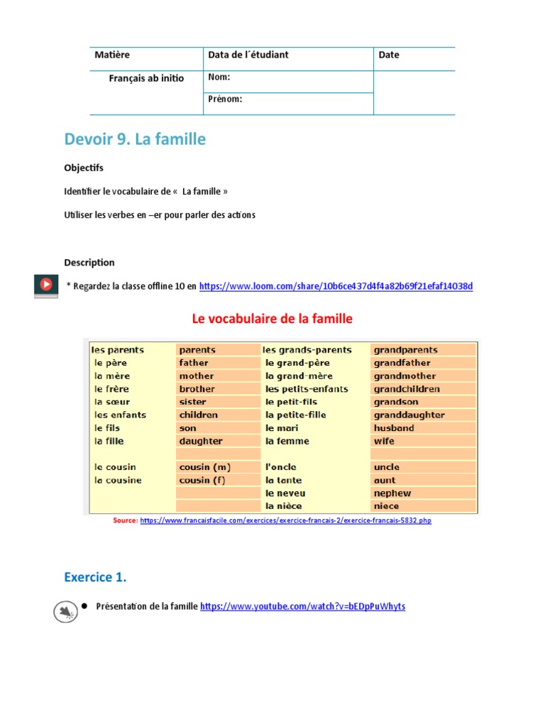 Vocabulaire de la Famille en Français | PDF
