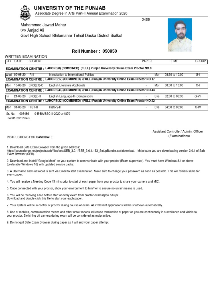 Roll Number:: Muhammad Jawad Mahar Amjad Ali Govt High School Bhilomahar Tehsil Daska District ...