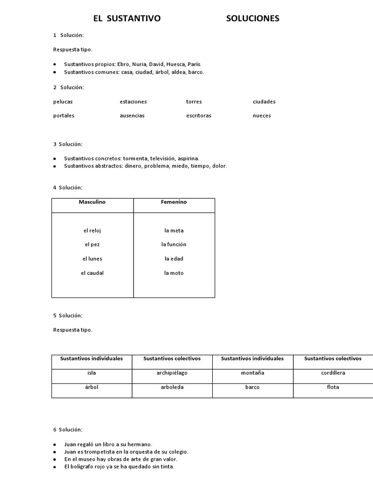 EL SUSTANTIVO Soluciones56 PDF | PDF | Sustantivo | Gramática