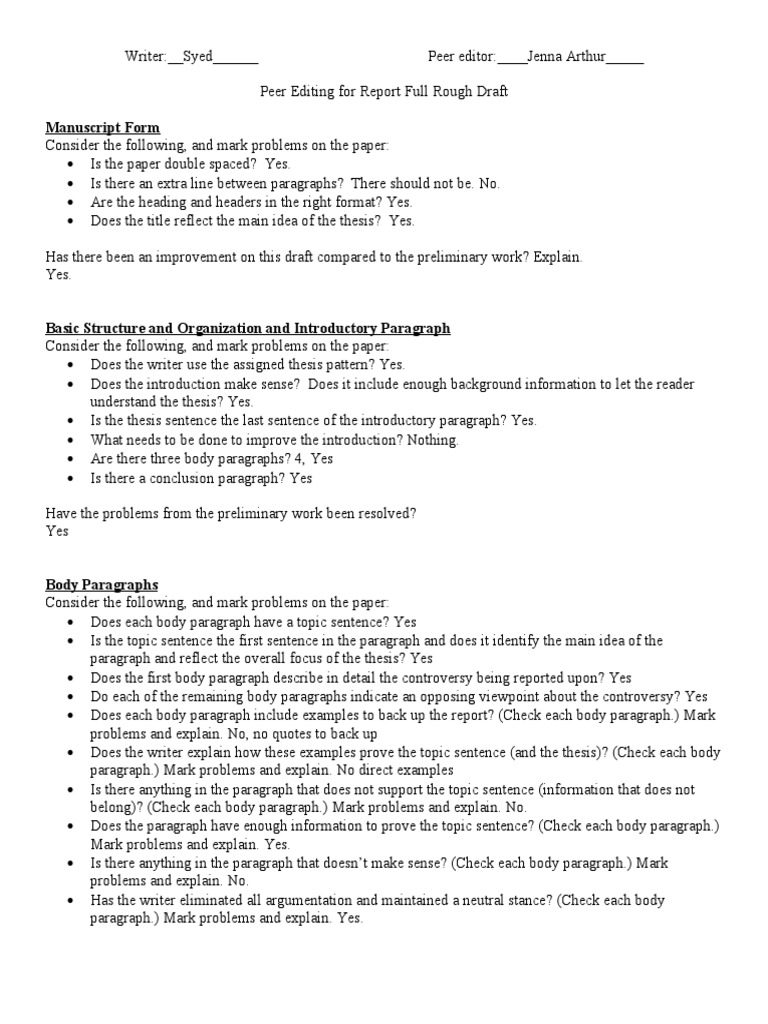 Peer Editing For Report Full Rough Draft 1 Syed - Edited by Jenna 2 ...