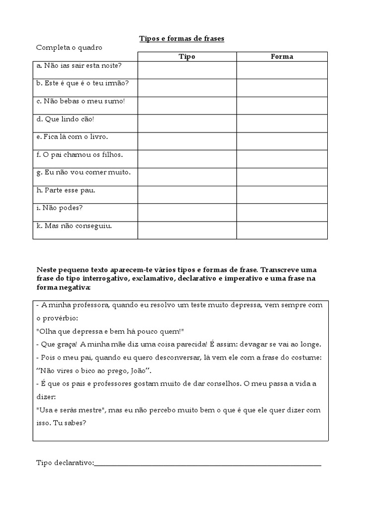 Tipos e Formas de Frase Ficha | PDF