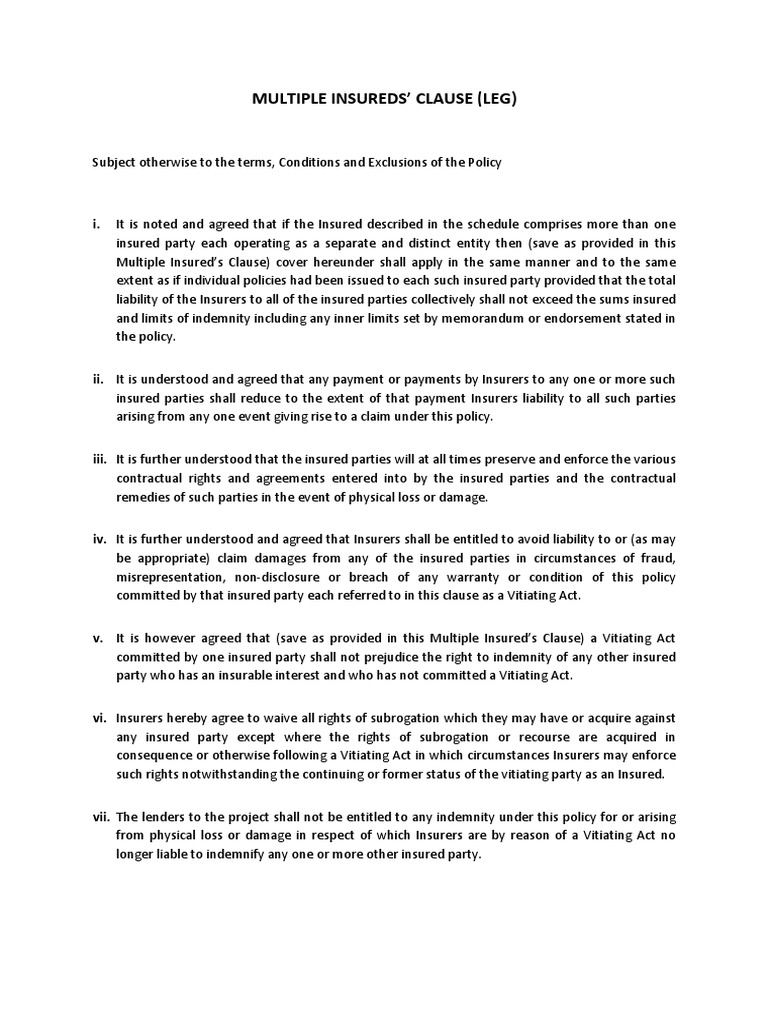 Multiple Insureds' Clause (Leg) | PDF | Indemnity | Subrogation