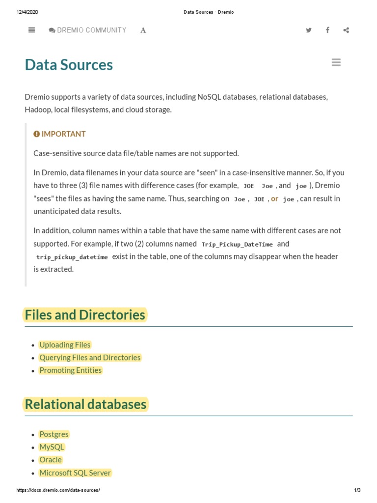Data Sources Dremio | PDF | Databases | Relational Database