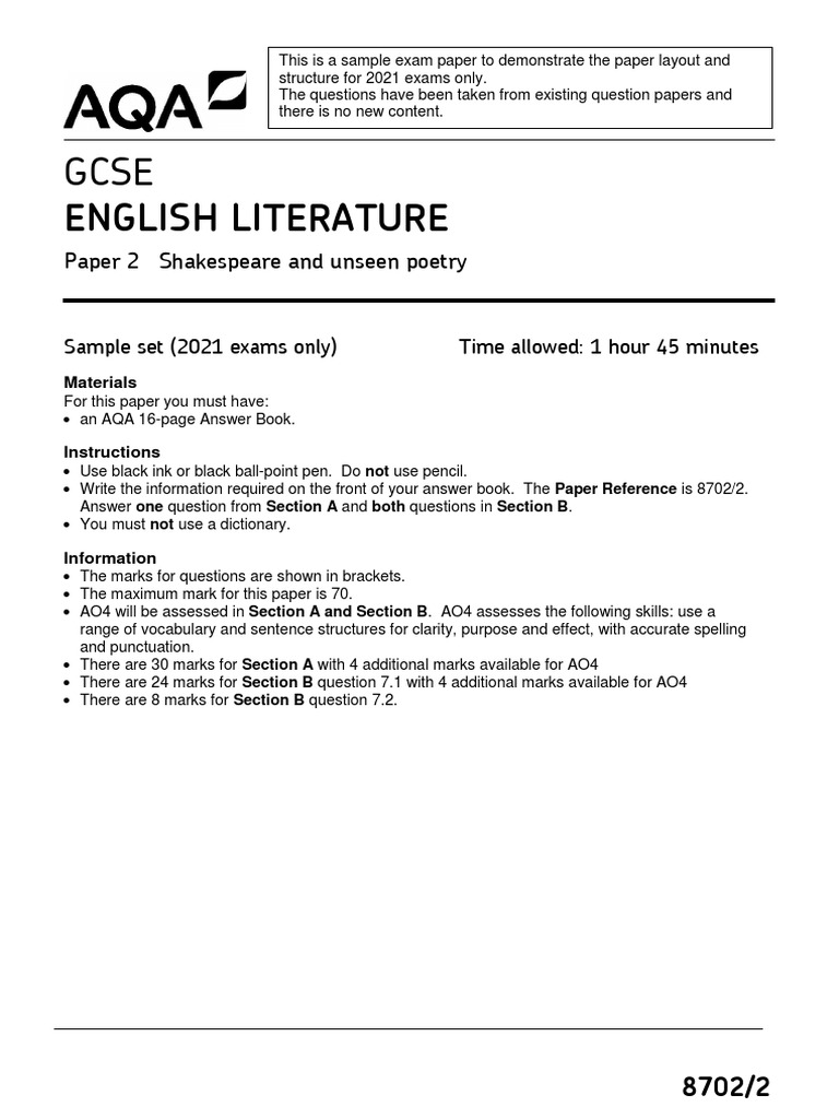 English Literature: Paper 2 Shakespeare and Unseen Poetry | PDF | The ...