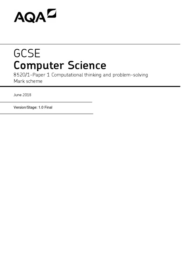Computer Science: 8520/1-Paper 1 Computational Thinking and Problem-Solving Mark Scheme | PDF ...