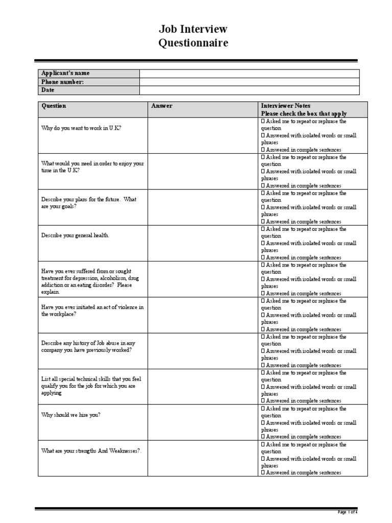 Job Interview Questionnaire | PDF