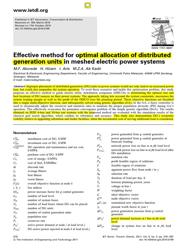 Effective Method For Optimal Allocation of Distributed Generation Units in Meshed Electric Power ...