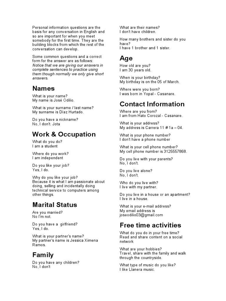 Personal Information Questions | Download Free PDF | Communication