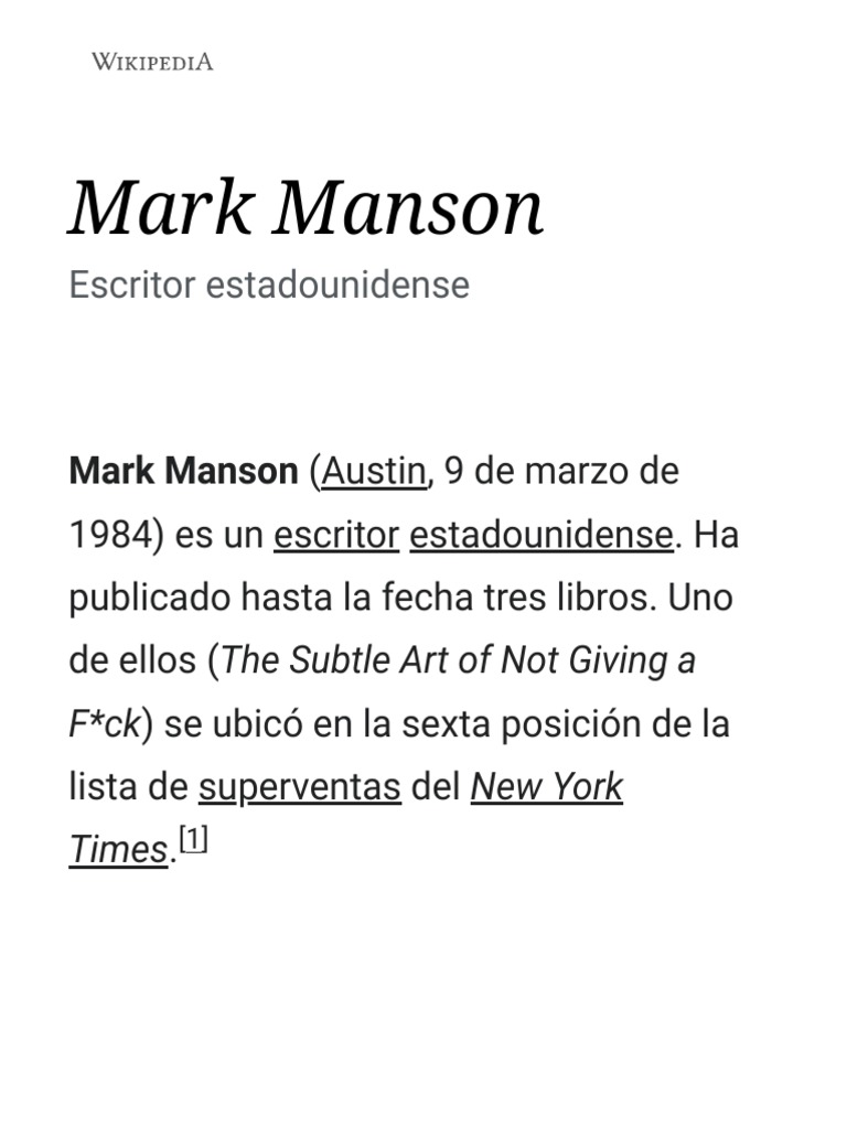 Mark Manson - Wikipedia, La Enciclopedia Libre PDF | PDF | Libros