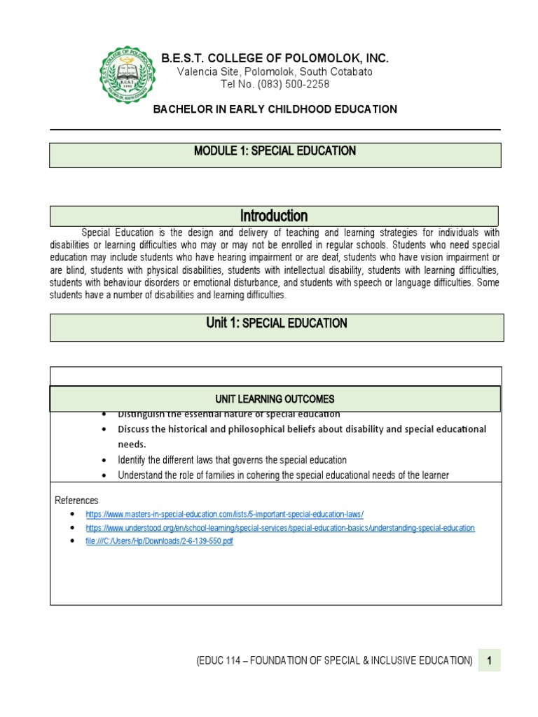 Module 1: Special Education: Unit 1 | PDF | Special Education ...