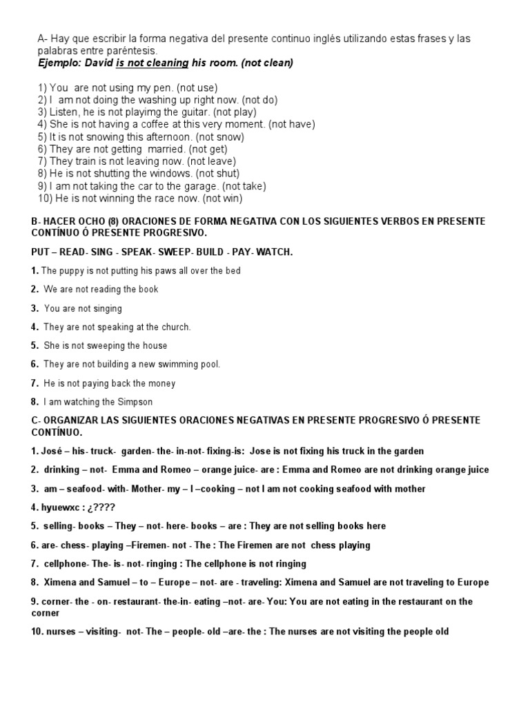 Negatives Sentences in Present Progressive | PDF